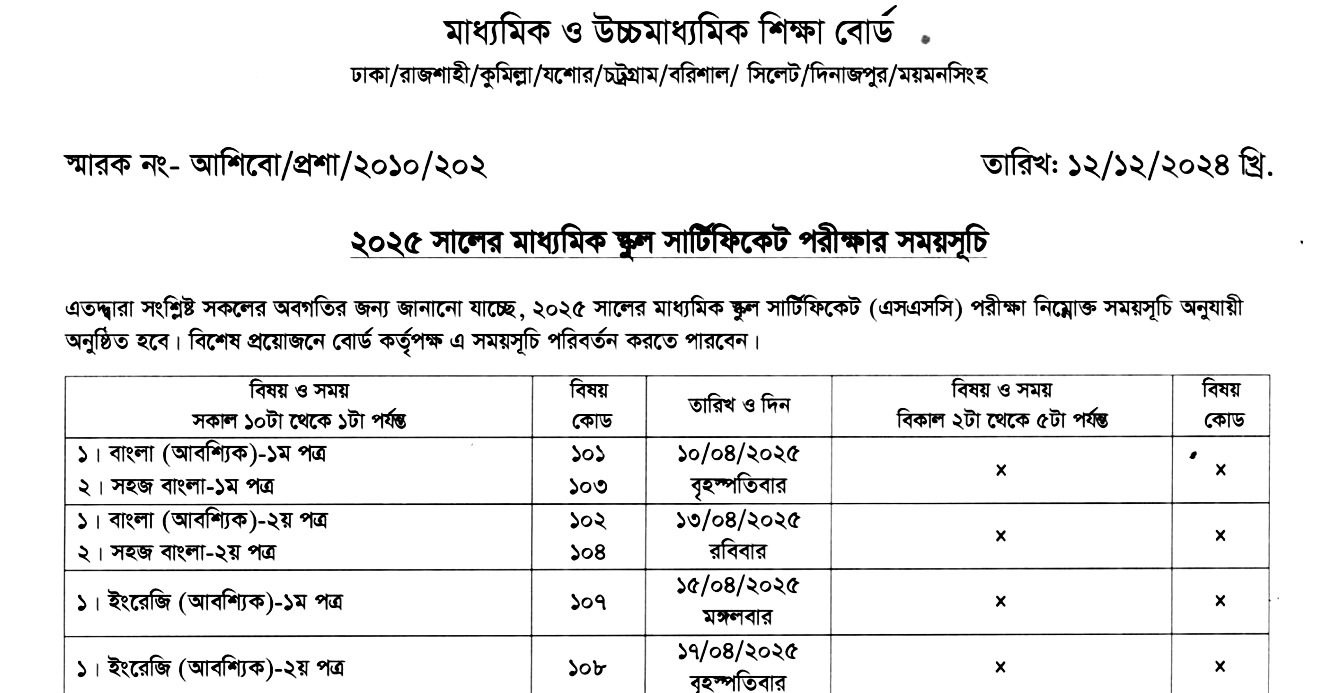 SSC Exam 2025 Routine of All Boards Download - BD Public News